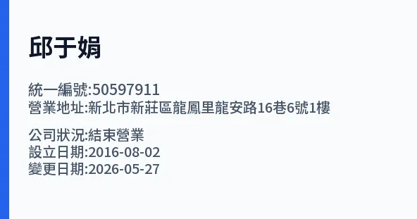 邱于娟的照片-統編 50597911(新北市) 公司登記資料與營業項目詳細圖表