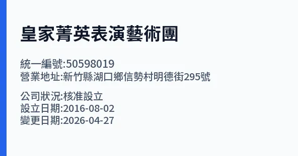皇家菁英表演藝術團的照片-統編 50598019(新竹縣) 公司登記資料與營業項目詳細圖表