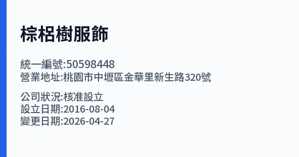 棕梠樹服飾的照片-統編 50598448(桃園市) 公司登記資料與營業項目詳細圖表
