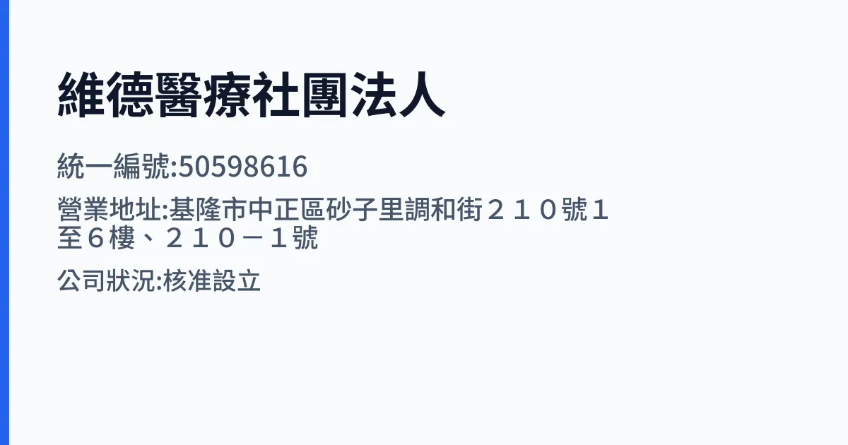 維德醫療社團法人 - 統編 50598616(基隆市) 公司登記資料與營業項目詳細圖表