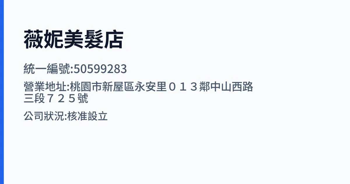 薇妮美髮店 - 統編 50599283(桃園市) 公司登記資料與營業項目詳細圖表