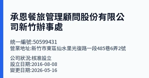 承恩餐旅管理顧問股份有限公司新竹辦事處的照片-統編 50599431(新竹市) 公司登記資料與營業項目詳細圖表