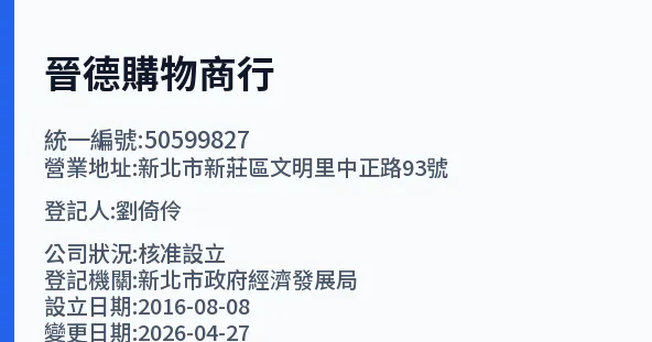 晉德購物商行的照片-統編 50599827(新北市) 公司登記資料與營業項目詳細圖表