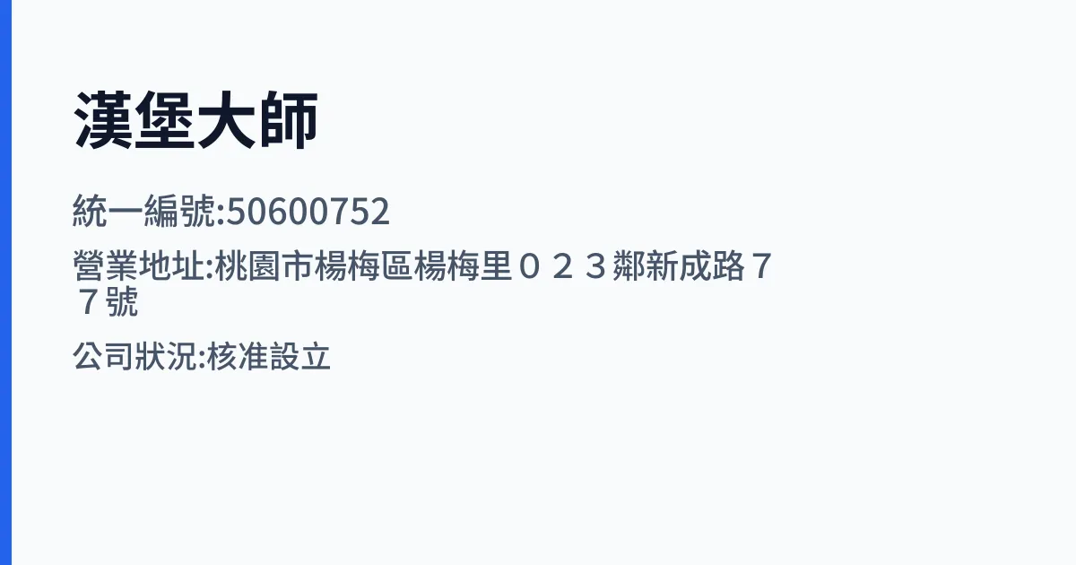 漢堡大師 - 統編 50600752（桃園市） 公司登記資料與營業項目詳細圖表