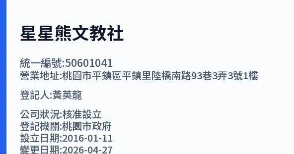 星星熊文教社的照片-統編 50601041(桃園市) 公司登記資料與營業項目詳細圖表
