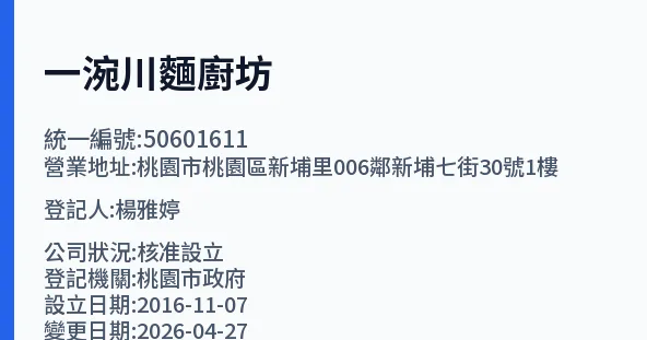 一涴川麵廚坊的照片-統編 50601611(桃園市) 公司登記資料與營業項目詳細圖表