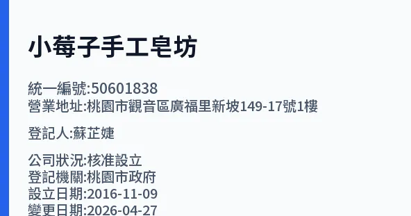 小莓子手工皂坊的照片-統編 50601838(桃園市) 公司登記資料與營業項目詳細圖表