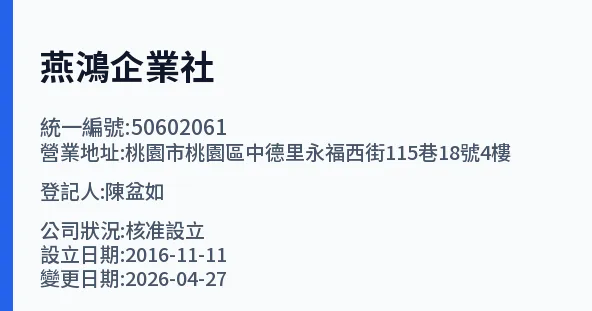 燕鴻企業社的照片-統編 50602061(桃園市) 公司登記資料與營業項目詳細圖表