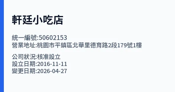 軒廷小吃店的照片-統編 50602153(桃園市) 公司登記資料與營業項目詳細圖表