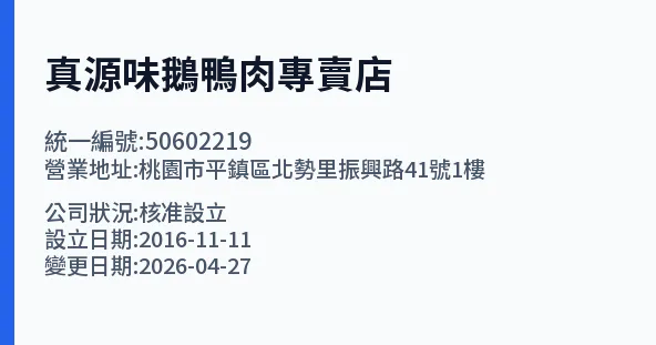 真源味鵝鴨肉專賣店的照片-統編 50602219(桃園市) 公司登記資料與營業項目詳細圖表