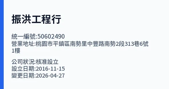 振洪工程行的照片-統編 50602490(桃園市) 公司登記資料與營業項目詳細圖表