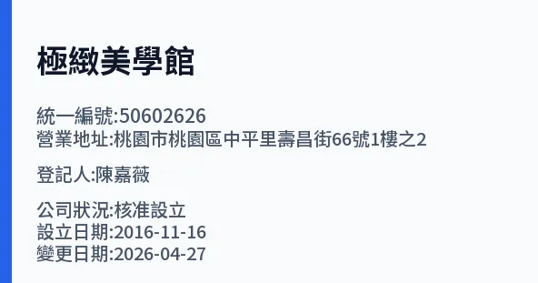極緻美學館的照片-統編 50602626(桃園市) 公司登記資料與營業項目詳細圖表
