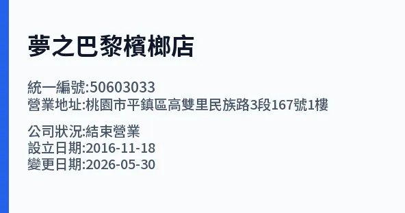 夢之巴黎檳榔店的照片-統編 50603033(桃園市) 公司登記資料與營業項目詳細圖表