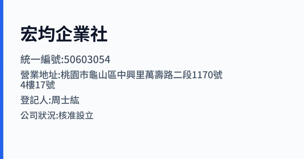 宏均企業社 - 統編 50603054(桃園市) 公司登記資料與營業項目詳細圖表