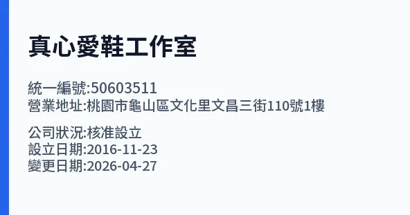 真心愛鞋工作室的照片-統編 50603511(桃園市) 公司登記資料與營業項目詳細圖表