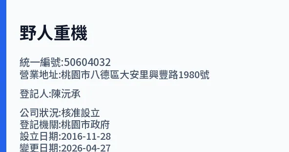 野人重機的照片-統編 50604032(桃園市) 公司登記資料與營業項目詳細圖表