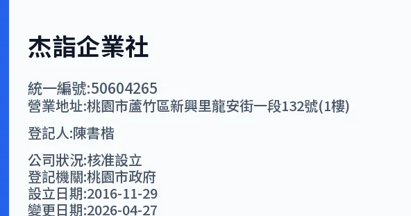杰詣企業社的照片-統編 50604265(桃園市) 公司登記資料與營業項目詳細圖表