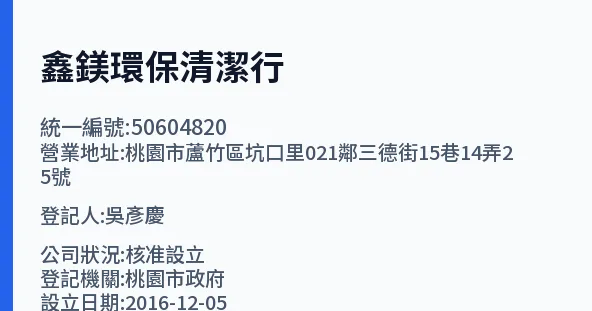 鑫鎂環保清潔行的照片-統編 50604820(桃園市) 公司登記資料與營業項目詳細圖表