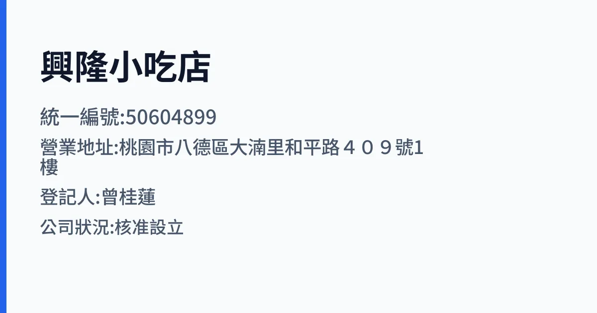 興隆小吃店 - 統編 50604899(桃園市) 公司登記資料與營業項目詳細圖表