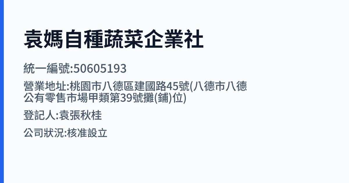 袁媽自種蔬菜企業社 - 統編 50605193(桃園市) 公司登記資料與營業項目詳細圖表