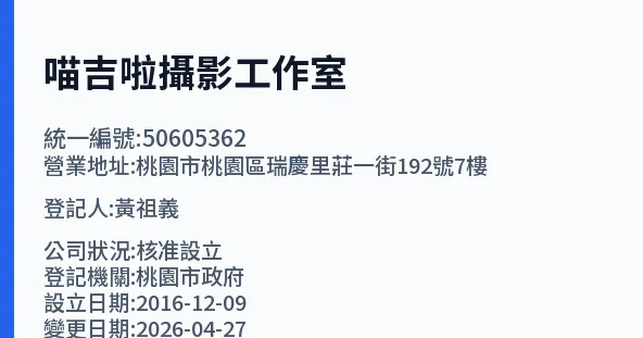 喵吉啦攝影工作室的照片-統編 50605362(桃園市) 公司登記資料與營業項目詳細圖表