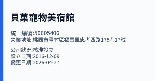 貝菓寵物美宿館的照片-統編 50605406(桃園市) 公司登記資料與營業項目詳細圖表