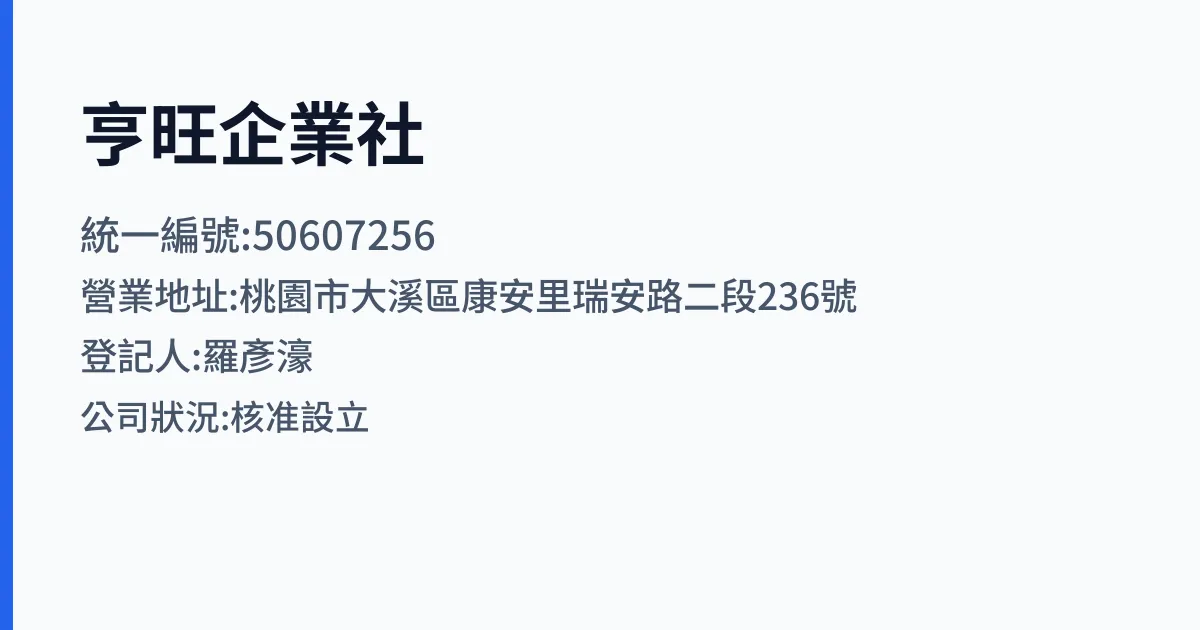 亨旺企業社 - 統編 50607256(桃園市) 公司登記資料與營業項目詳細圖表