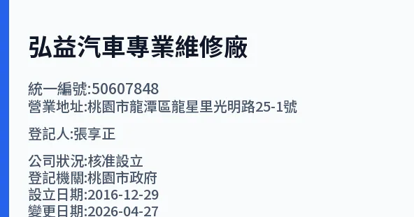 弘益汽車專業維修廠的照片-統編 50607848(桃園市) 公司登記資料與營業項目詳細圖表