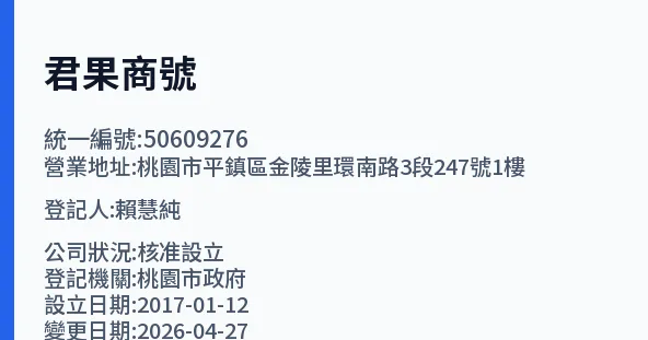 君果商號的照片-統編 50609276(桃園市) 公司登記資料與營業項目詳細圖表
