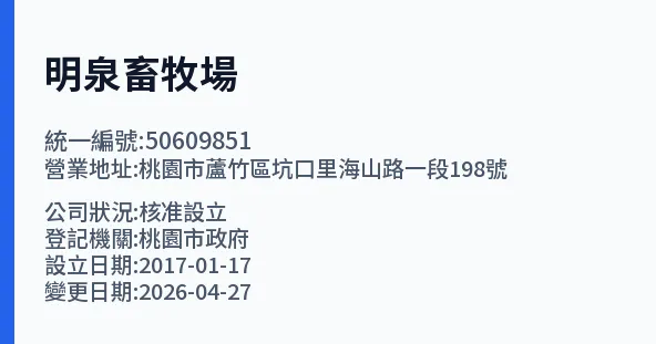 明泉畜牧場的照片-統編 50609851(桃園市) 公司登記資料與營業項目詳細圖表