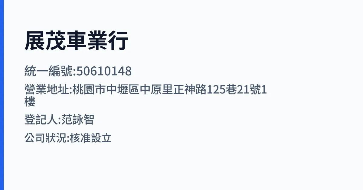 展茂車業行 - 統編 50610148(桃園市) 公司登記資料與營業項目詳細圖表