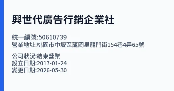 興世代廣告行銷企業社的照片-統編 50610739(桃園市) 公司登記資料與營業項目詳細圖表
