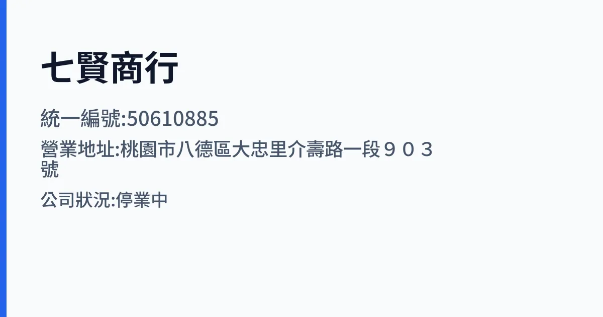 七賢商行 - 統編 50610885(桃園市) 公司登記資料與營業項目詳細圖表