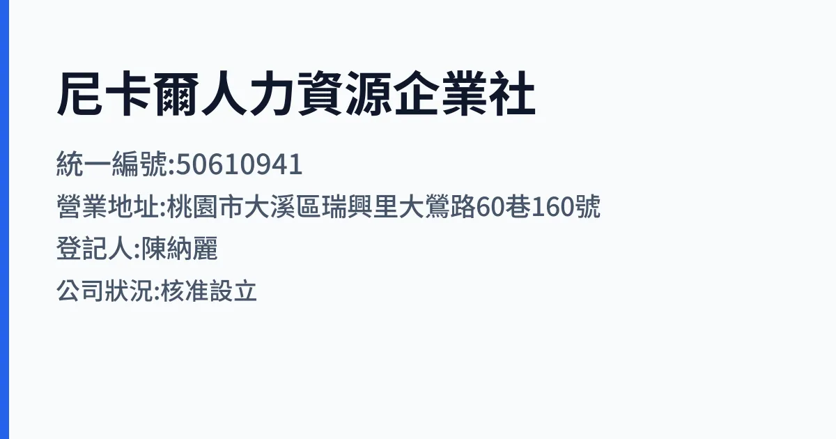 尼卡爾人力資源企業社 - 統編 50610941(桃園市) 公司登記資料與營業項目詳細圖表