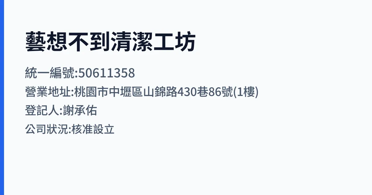 藝想不到清潔工坊 - 統編 50611358(桃園市) 公司登記資料與營業項目詳細圖表