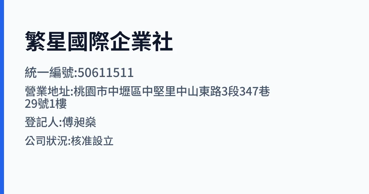 繁星國際企業社 - 統編 50611511(桃園市) 公司登記資料與營業項目詳細圖表