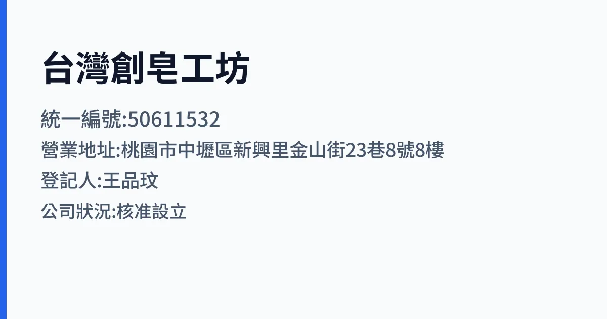 台灣創皂工坊 - 統編 50611532(桃園市) 公司登記資料與營業項目詳細圖表