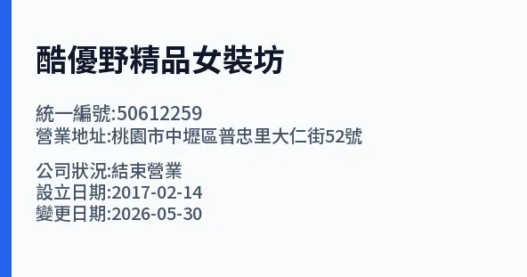 酷優野精品女裝坊的照片-統編 50612259(桃園市) 公司登記資料與營業項目詳細圖表