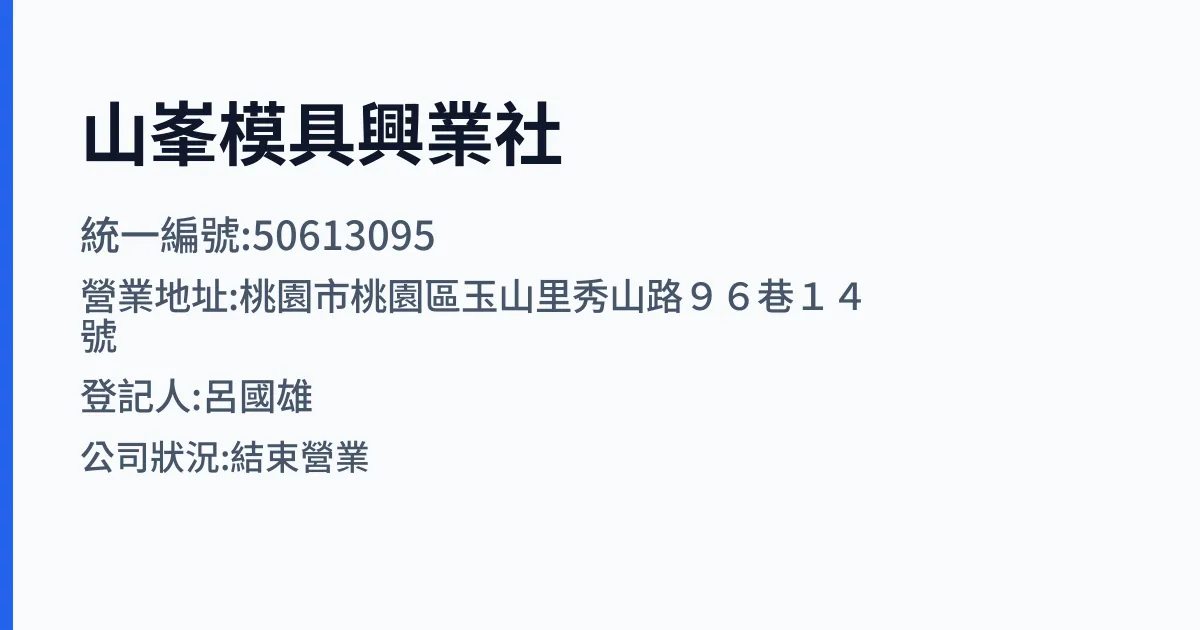 山峯模具興業社 - 統編 50613095(桃園市) 公司登記資料與營業項目詳細圖表