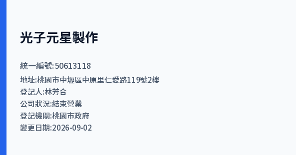 光子元星製作的照片-統編 50613118(桃園市) 公司登記資料與營業項目詳細圖表