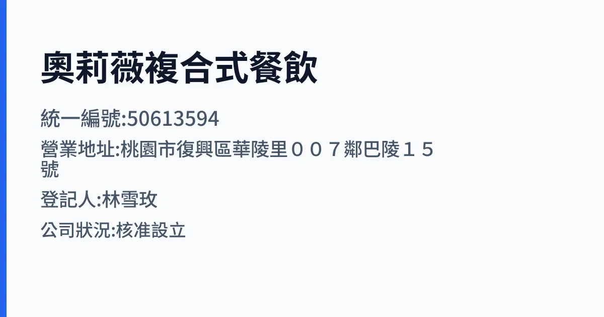 奧莉薇複合式餐飲 - 統編 50613594(桃園市) 公司登記資料與營業項目詳細圖表