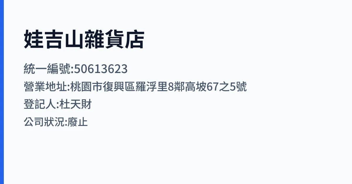 娃吉山雜貨店 - 統編 50613623(桃園市) 公司登記資料與營業項目詳細圖表