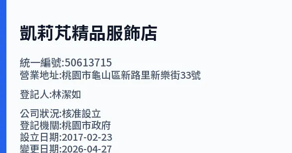 凱莉芃精品服飾店的照片-統編 50613715(桃園市) 公司登記資料與營業項目詳細圖表