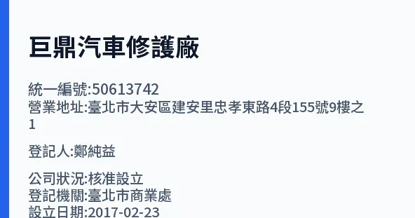 巨鼎汽車修護廠的照片-統編 50613742(臺北市) 公司登記資料與營業項目詳細圖表