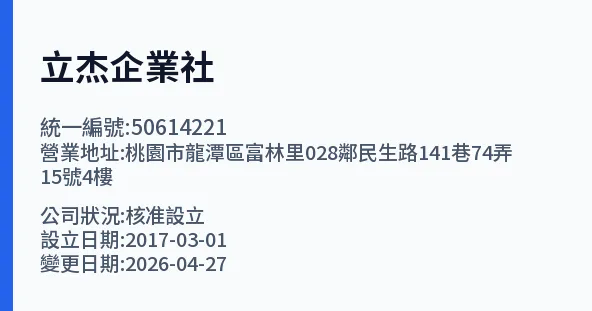 立杰企業社的照片-統編 50614221(桃園市) 公司登記資料與營業項目詳細圖表