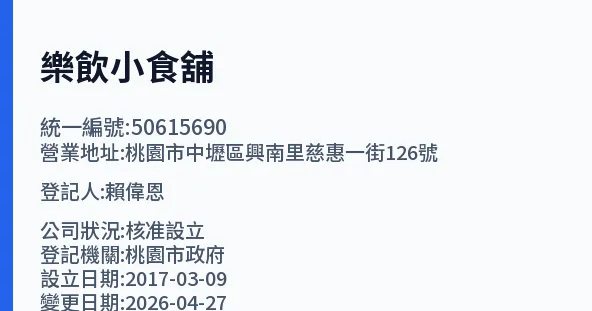 樂飲小食舖的照片-統編 50615690(桃園市) 公司登記資料與營業項目詳細圖表