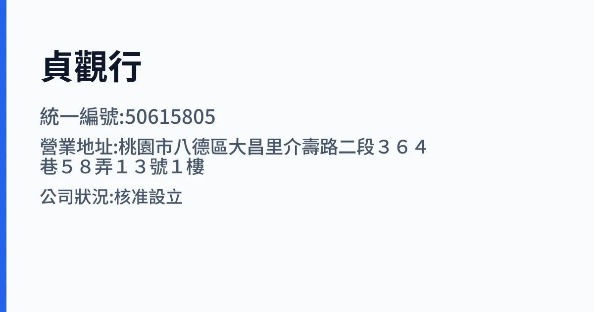 貞觀行 - 統編 50615805(桃園市) 公司登記資料與營業項目詳細圖表