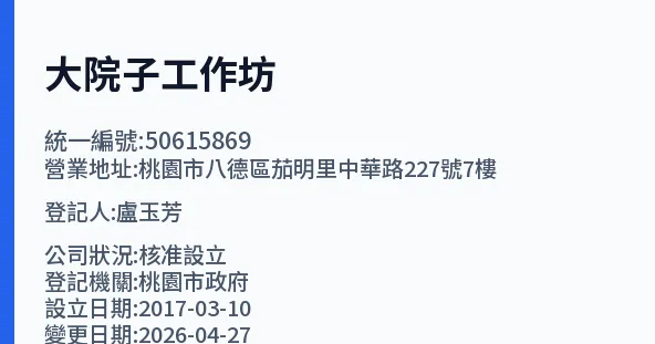 大院子工作坊的照片-統編 50615869(桃園市) 公司登記資料與營業項目詳細圖表