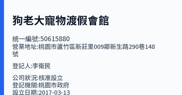 狗老大寵物渡假會館的照片-統編 50615880(桃園市) 公司登記資料與營業項目詳細圖表