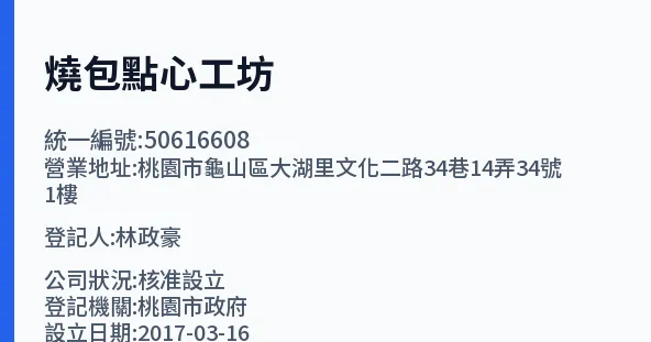燒包點心工坊的照片-統編 50616608(桃園市) 公司登記資料與營業項目詳細圖表